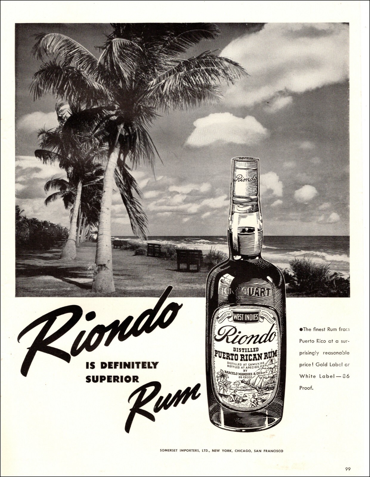 1942 WWII era Ad for RIONDO Puerto Rican Rum, Palm Trees and Ocean ...