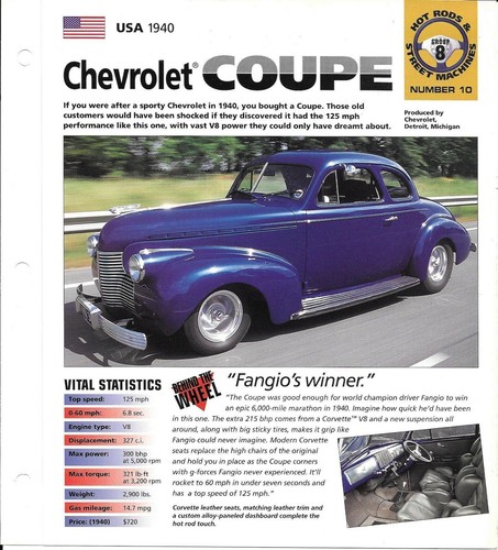 Chevy hot rod folder 1940 CHEVROLET COUPE SPEC SHEET fact card Hot Cars ...