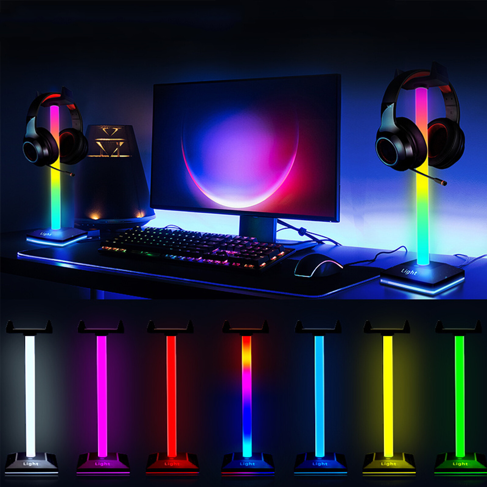 RGB Headphone Stand w RGB Light USB Charging Port LED Desk Atmosphere ...