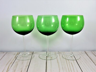 Emerald Green Blown Glass Round Goblets Thin Clear Stems 10 Ounce Set ...