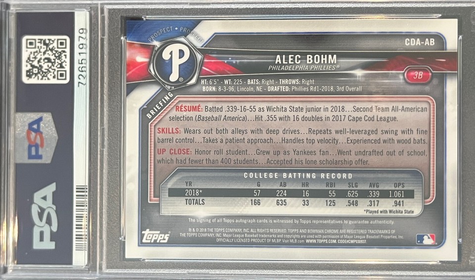 2018 Alec Bohm 1st Bowman Chrome Draft Picks Auto Autograph PSA 9 Mint ...