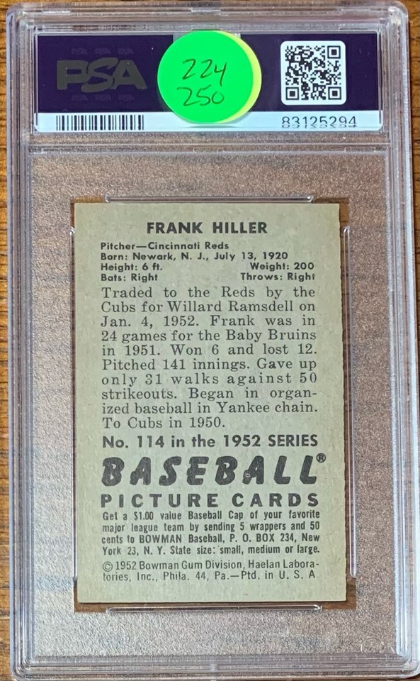 1952 Bowman Baseball #114 Frank Hiller Cincinnati Reds PSA 5 | eBay