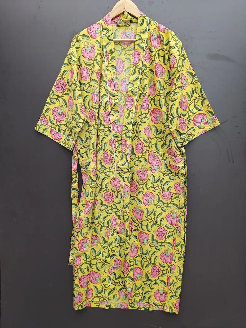 Indian Sleepwear Yellow Floral Printed Cotton Robe Long Kimono Night ...