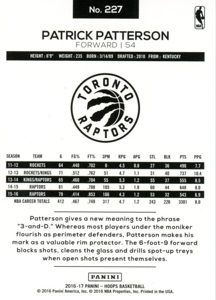 2016-17 Panini NBA Hoops Green /149 Patrick Patterson #227 | eBay