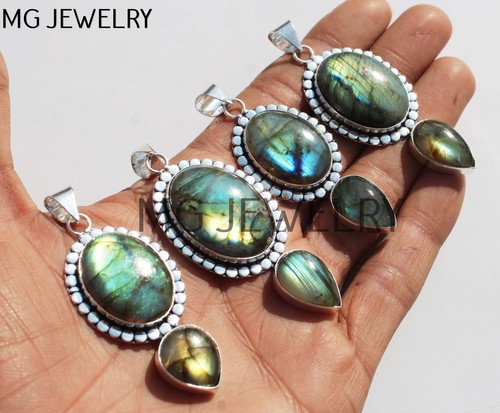 25 Pcs Lot Double Stone Labradorite Gemstone Silver Plated Pendants ...