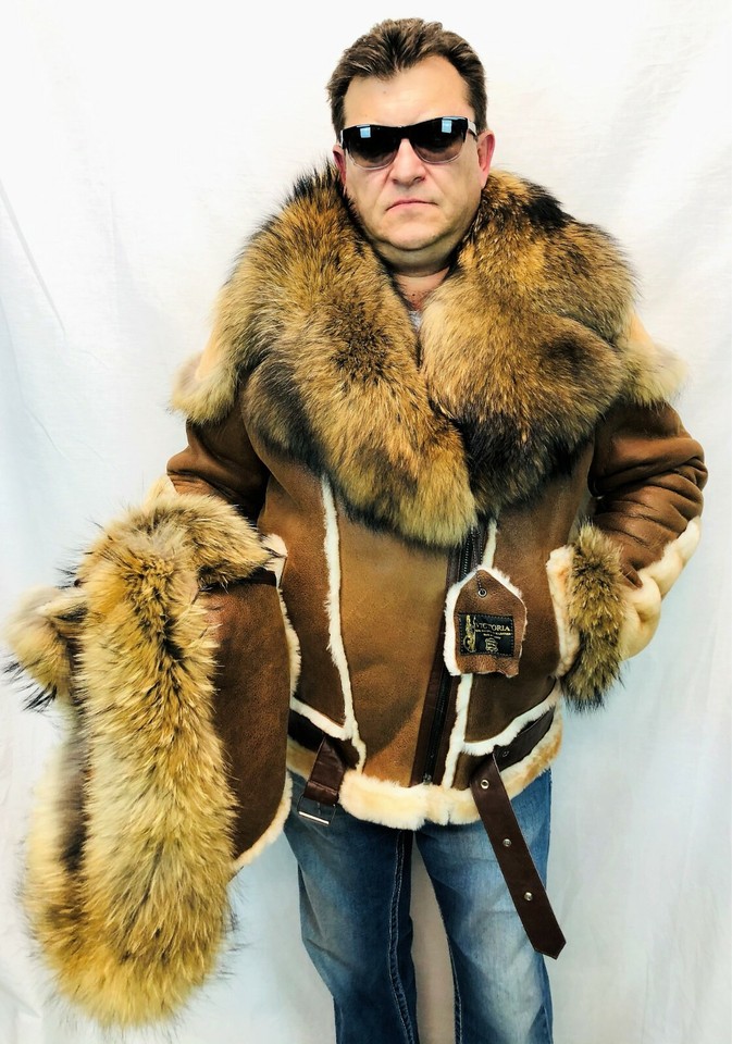 REAL 100% SHEEPSKIN SHEARLING LEATHER REAL RACCOON BOMBER B3 Coat ...