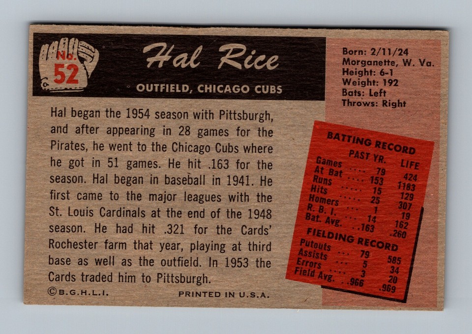 1955 Bowman #52 Hal Rice EX-EXMT Chicago Cubs Baseball Card | eBay