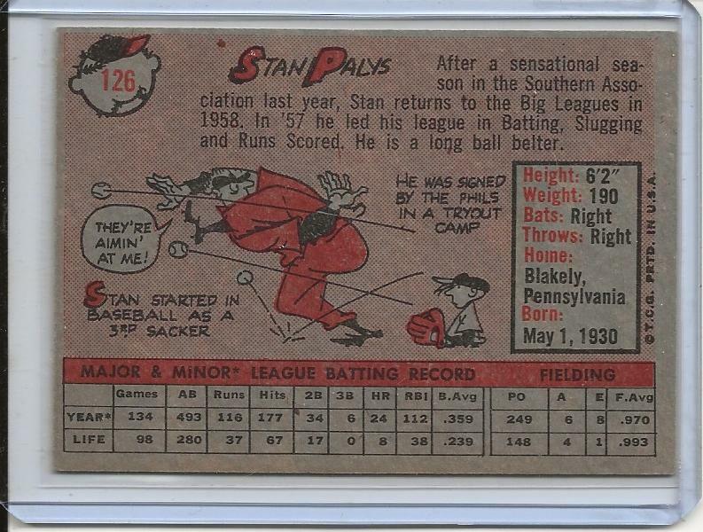1958 Topps Baseball Card Stan Palys Cincinnati Reds Near Mint # 126 | eBay