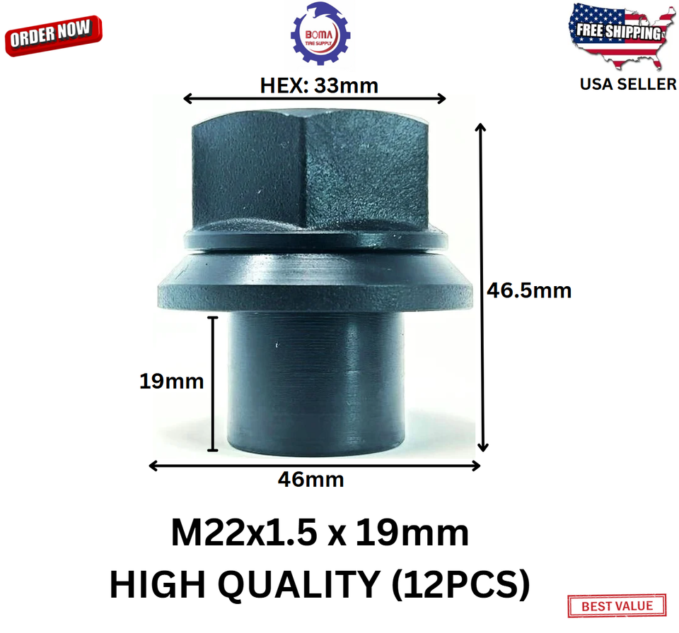 12 Pack 33mm M22x1.5 x 19mm Sleeve Wheel Lug Nuts M22-1.5x19mm Skirt ...