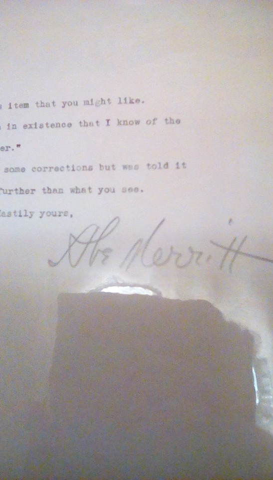 A. Merritt Signed Letter The Metal Monster Roy V. Hunt Weird Tales Ship ...