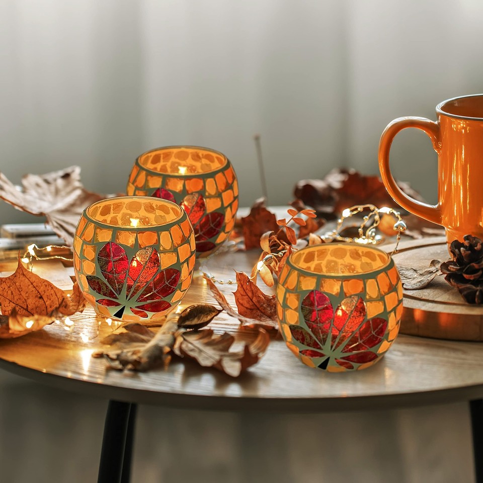 Fall Votive Candle Holder Set of 4, Mosaic Glass tealight Holders with ...