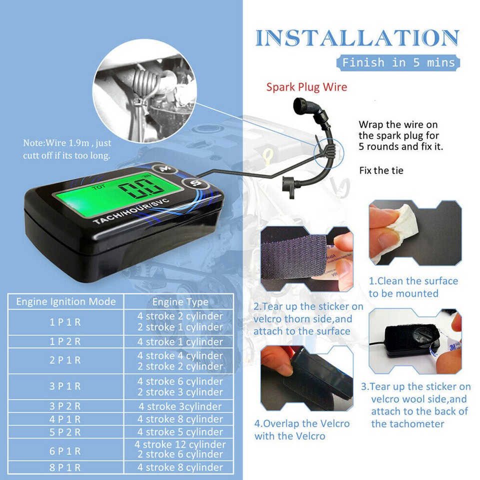 Inductive Tachometer Gauge Engine RPM Meter Engine Tach Hour Meter ...