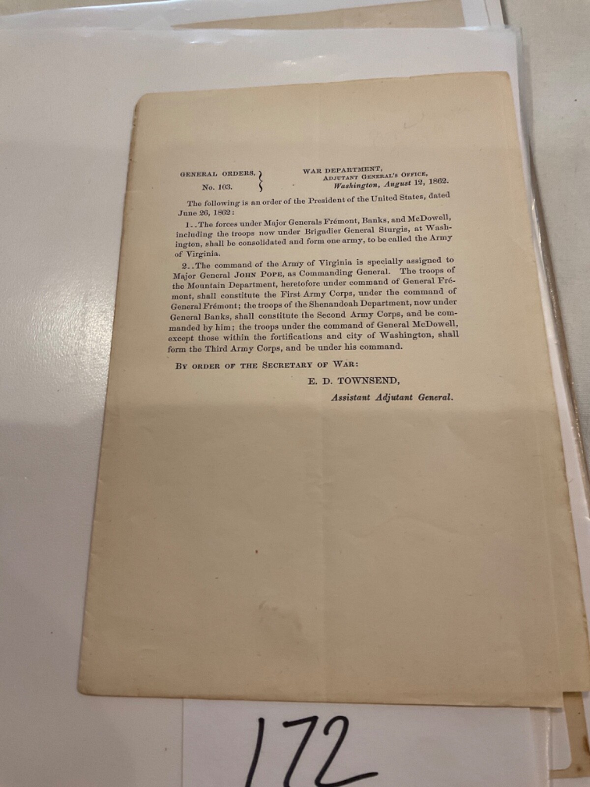 172 CIVIL WAR CHANCELLORSVILLE CAMPAIGN GENERAL JOHN POPE COMMAND ORDER ...