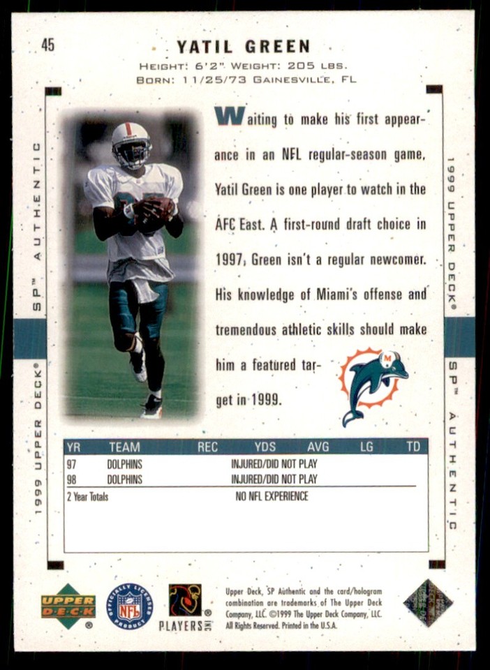 1999 SP AUTHENTIC YATIL GREEN MIAMI DOLPHINS #45 | eBay