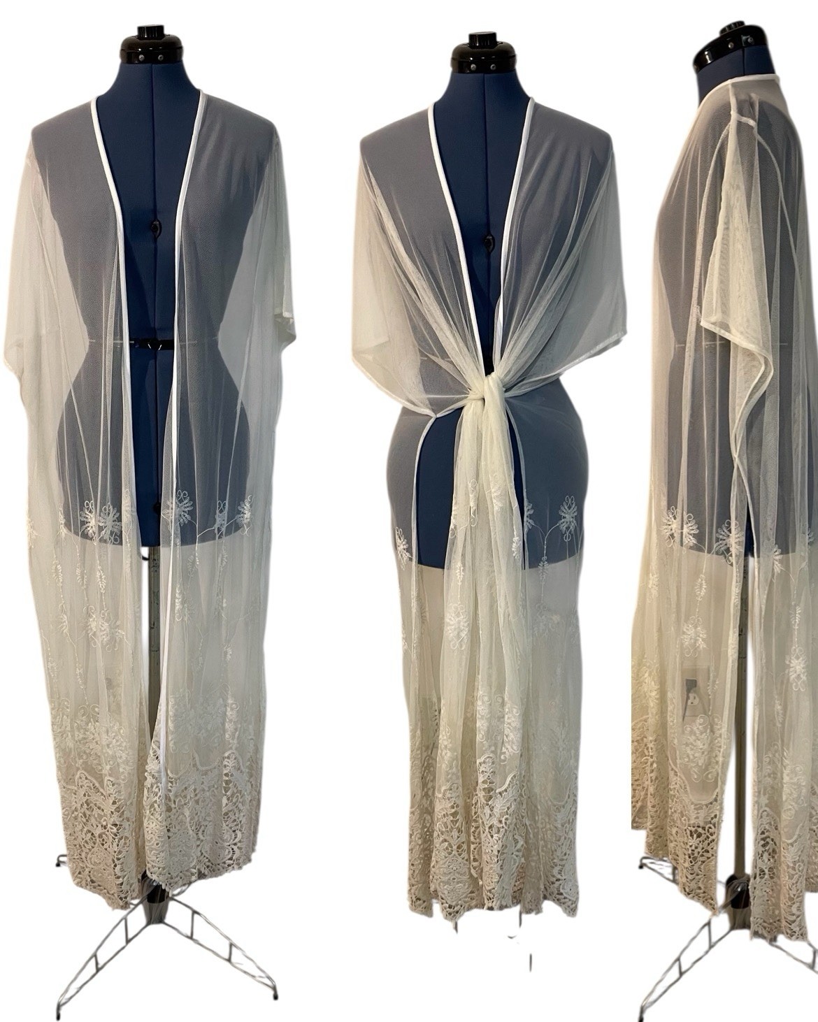 Ivory Sheer Floral Embroidered Duster Tie Front Weddi… - Gem