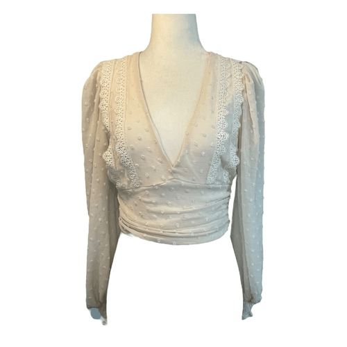 Privy Cropped Lace Blouse Cream Sheer Swiss Dots V-Neck Smocked Long ...