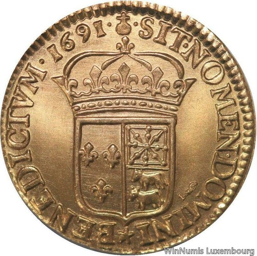 R5908 Rare Refrappe Louis d'or Louis XIV Bearn Or Gold 1691 Pau PCGS ...