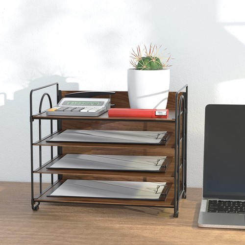 4 Tier Paper Organizer for Desk - Wood Desk Organizer, Metal Paper Tray ...