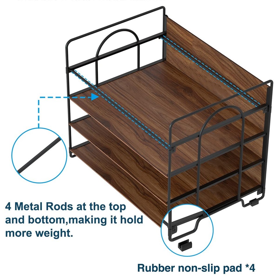 4 Tier Paper Organizer for Desk - Wood Desk Organizer, Metal Paper Tray ...