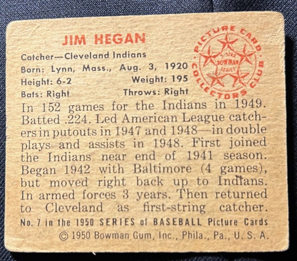 1950 Bowman #7, Jim Hegan (Cleveland Indians) - Poor Condition (37% set ...