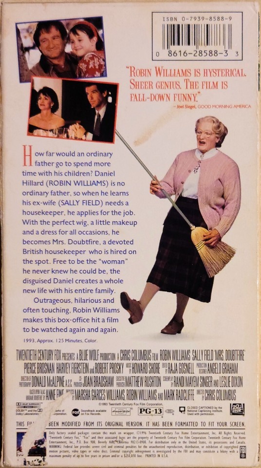 Mrs. Doubtfire (VHS, 1993, 20th Century Fox) VCR Video Tape VINTAGE ...