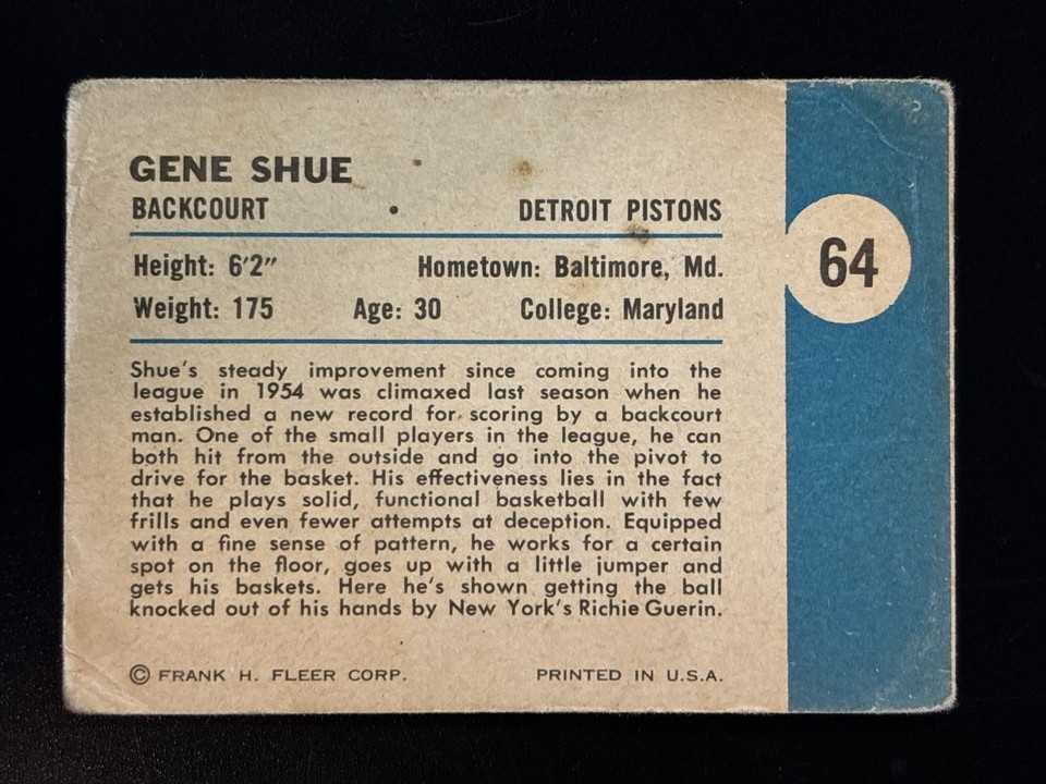 Gene Shue 1961 Fleer Basketball In Action Card #64 Pistons HOF Maryland ...