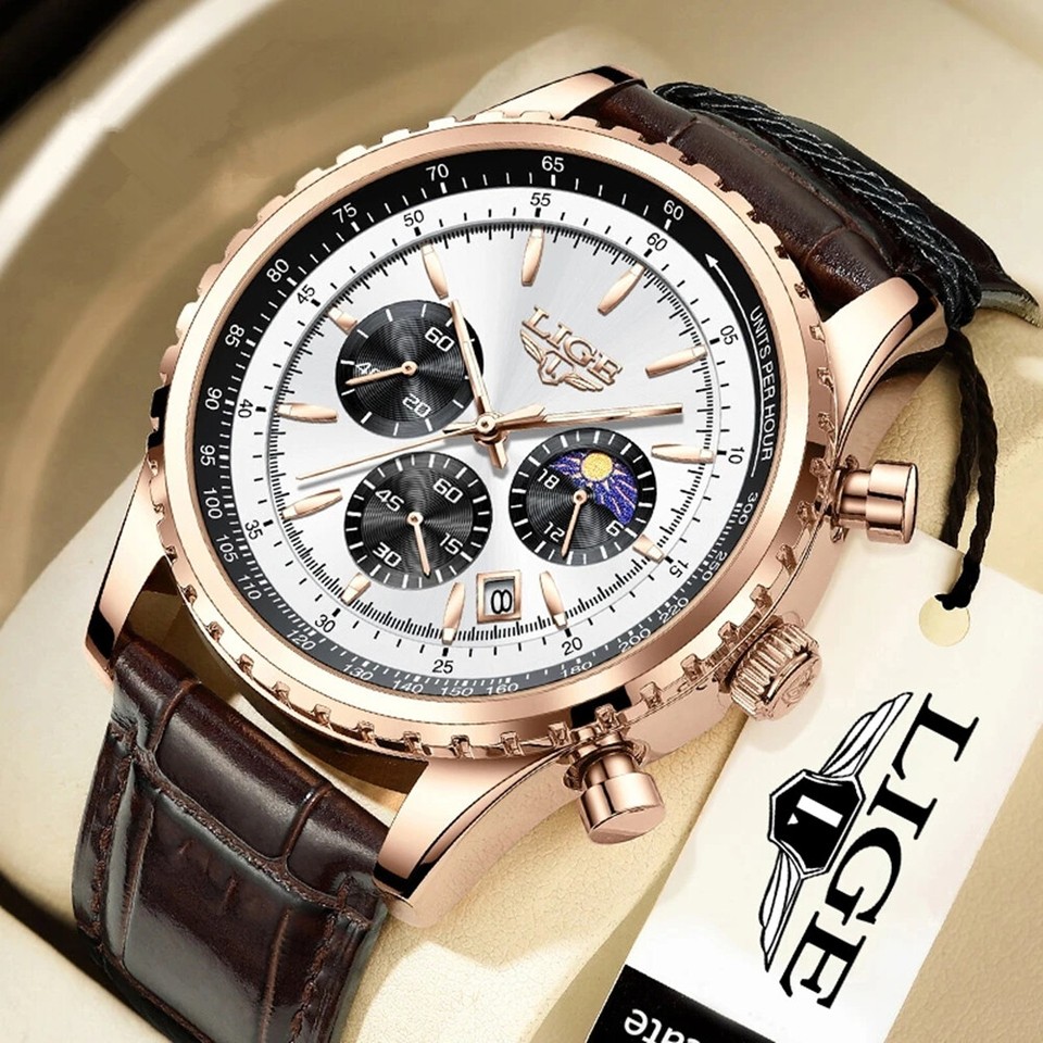 LIGE Men Watch Brand Luminous Hand Wristwatch Casual Leather Brown Gold ...