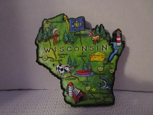 WISCONSIN State Chunky Wooden Map 3" Refrigerator Magnet Tourist ...