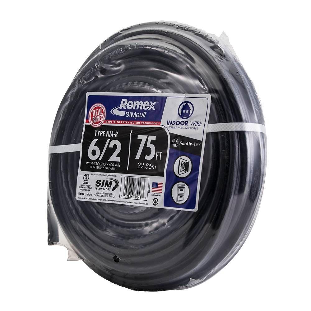 Southwire 75 ft. 6/2 Stranded Romex SIMpull CU NM-B W/G Wire, Black ...