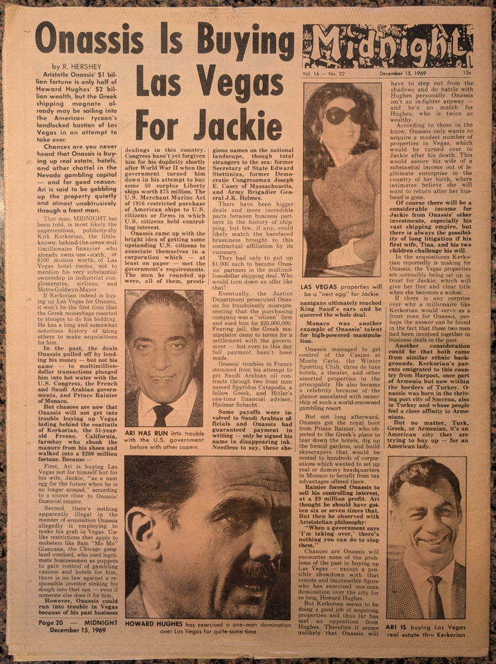 Midnight Newspaper 12/15/1969, Ted Kennedy, Mia Farrow, Jackie Onassis ...