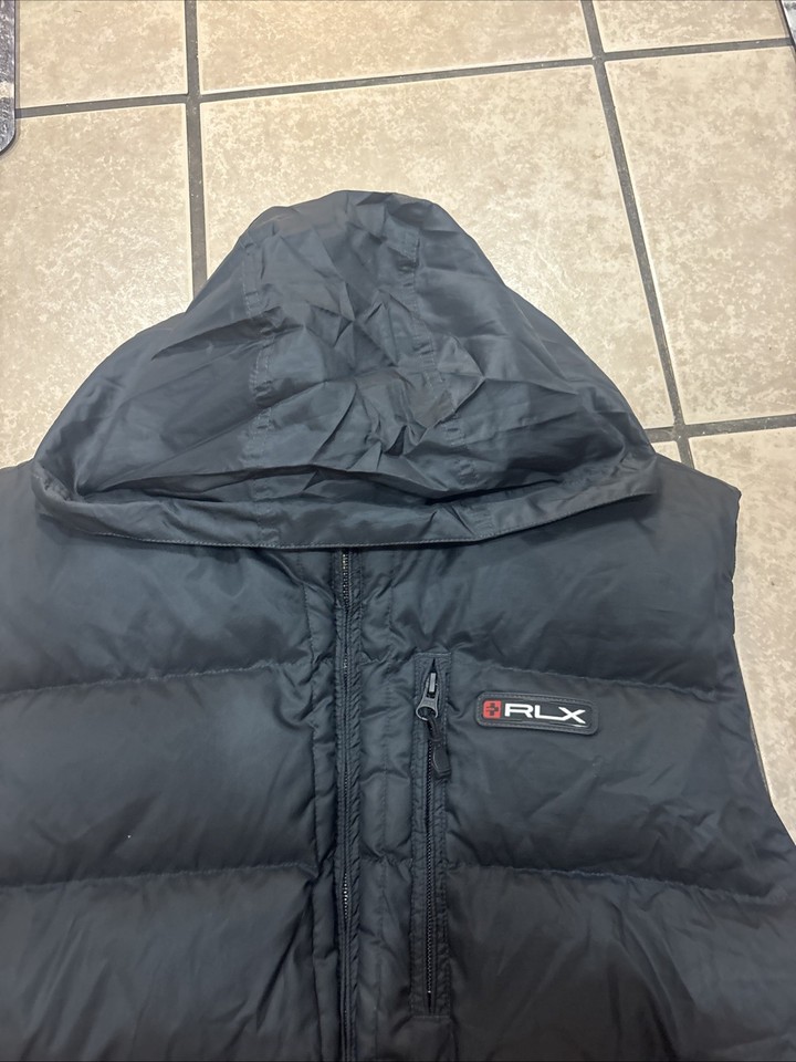 Polo Ralph Lauren RLX Mens Black Full Zip Down Puffer Vest With Hood Sz ...