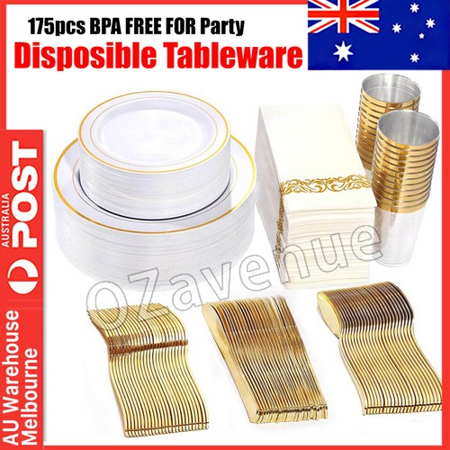 175 Piece Reusable Dinnerware Set Plastic Plates Silverware Cup Paper ...
