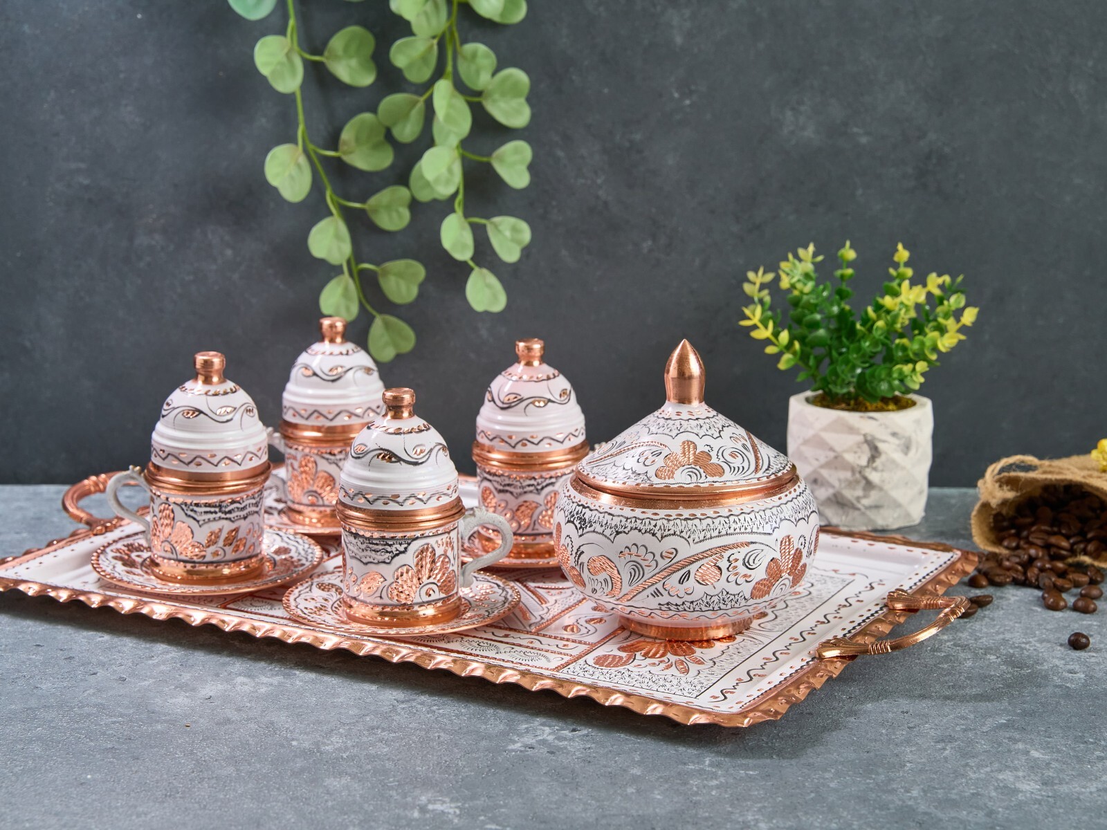 Copper Coffee Serving Set, Turkish Coffee Set, Copper Coffee Cups Tray ...