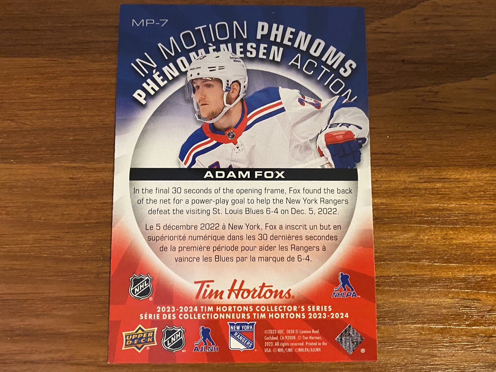 2023-24 Upper Deck Tim Hortons In Motion Phenoms Adam Fox New York ...