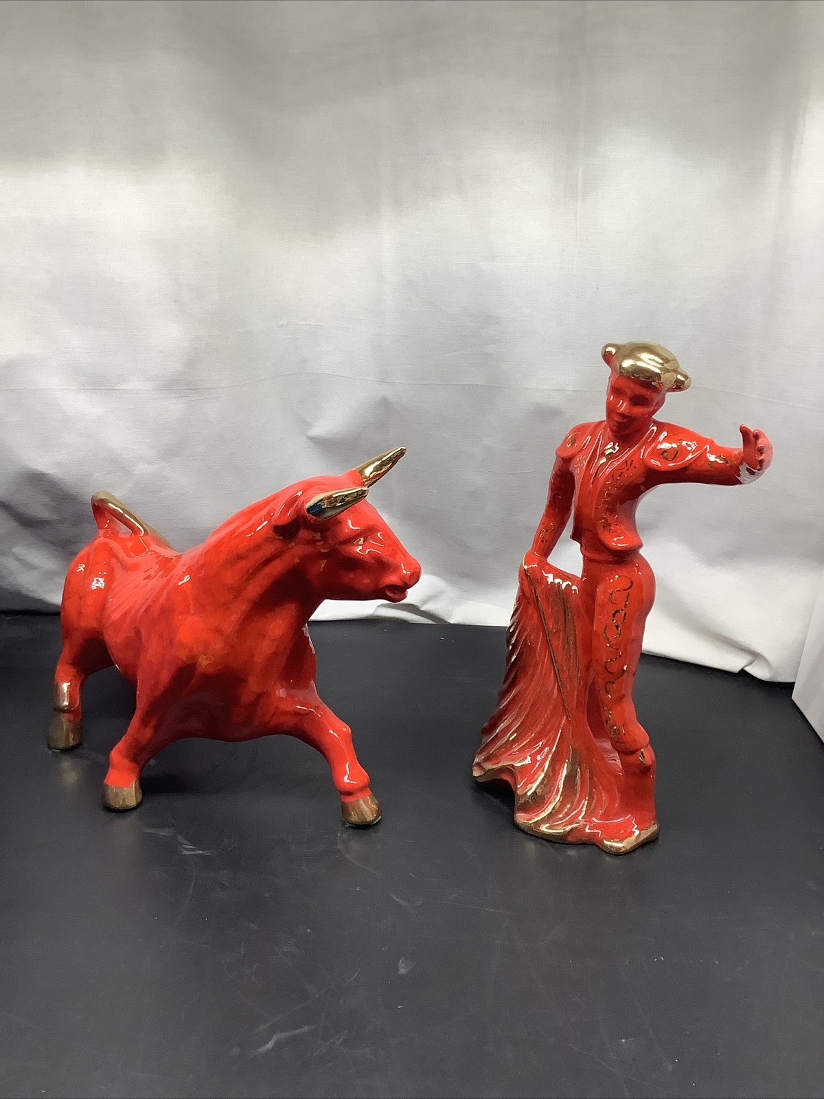 Vintage MCM 50’s RED With GOLD Gilding Ceramic BULL & MATADOR Statue ...