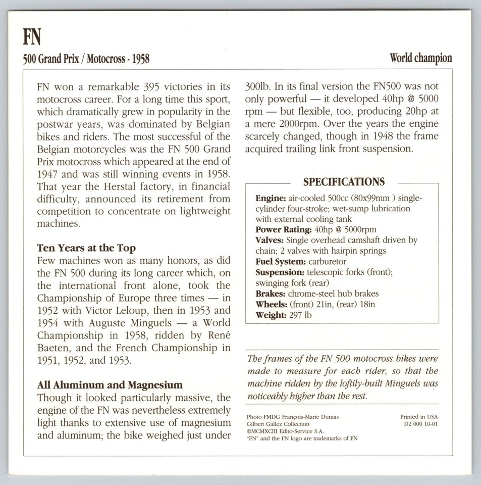 FN 500 Grand Prix Motocross 1958 Belgium Edito Service Atlas Motorcycle ...