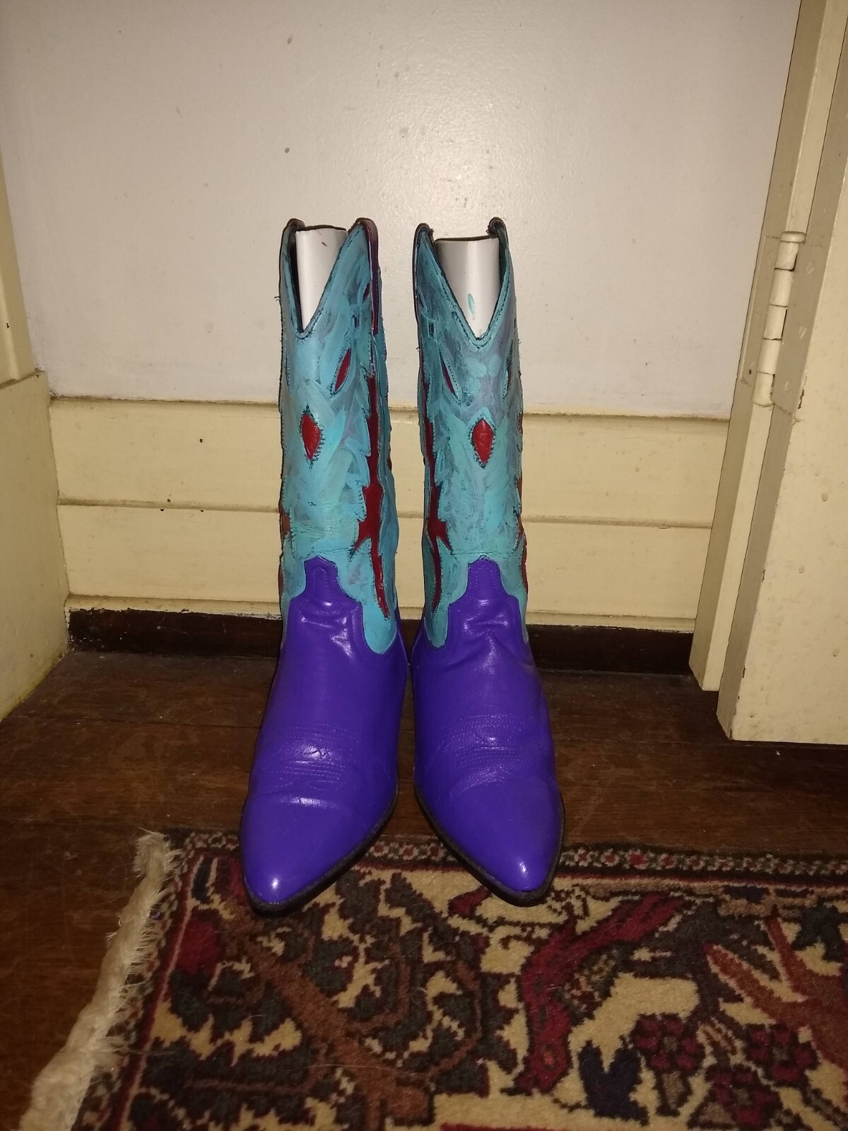 Upcycled Hand Painted Cowboy Boots Turquoise, Purple,Red Flames Women's ...