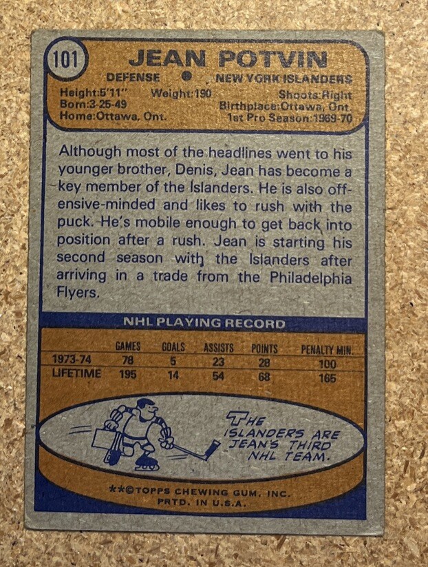 1974-75 Topps Jean Potvin #101 New York Islanders | eBay