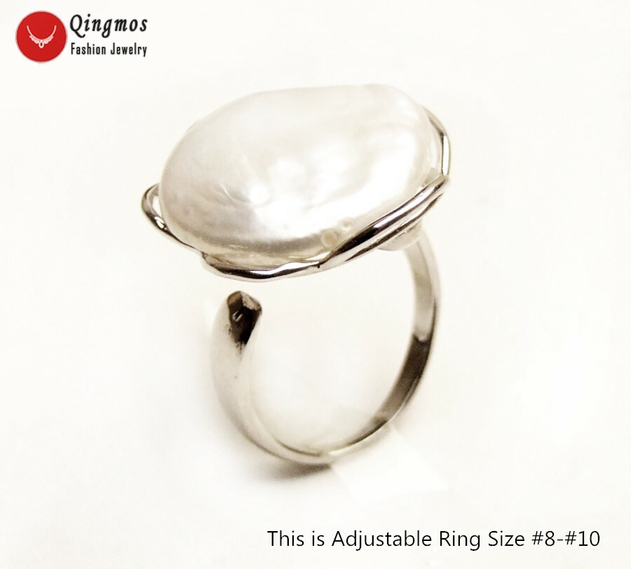 20mm Coin Round Natural White Pearl Ring Gold-Color Metal Adjustable ...