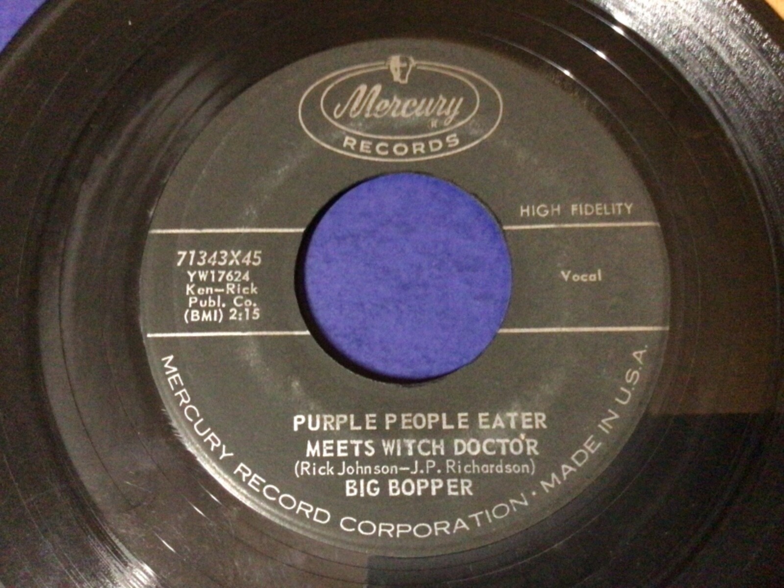 BIG BOPPER~chantilly lace/purple people eater MERCURY 1958~Original ~7 ...