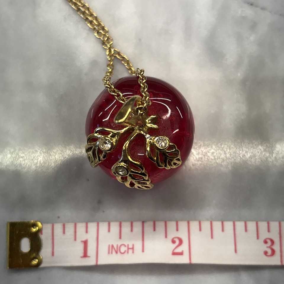 Avon Red Apple Glass & Crystal Pendant Necklace Gold Tone Cable Chain ...