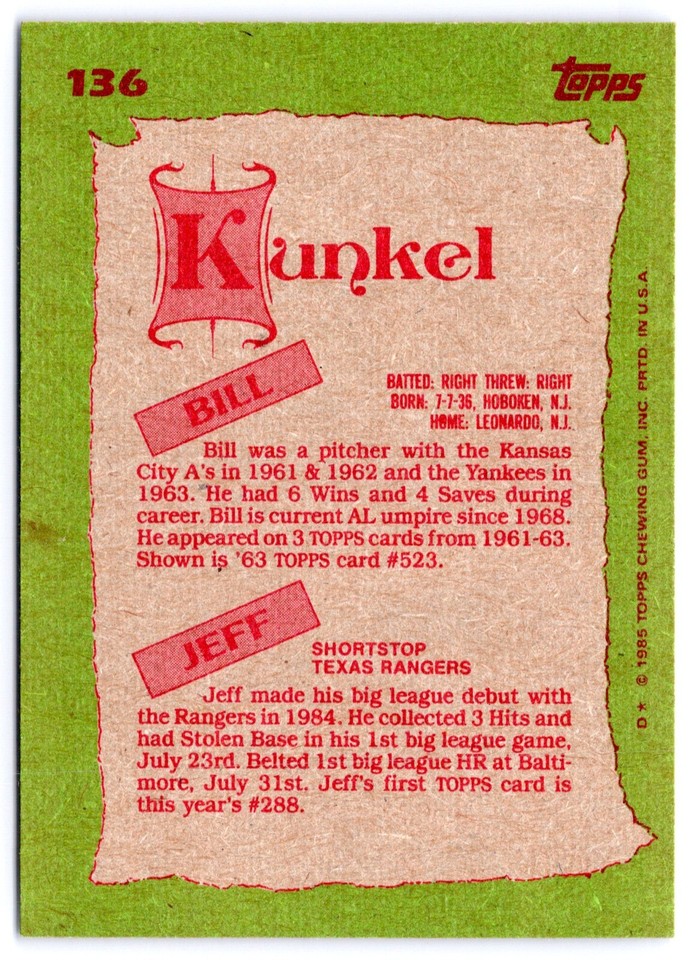 BILL KUNKEL AND JEFF KUNKEL / FATHER & SON 1985 TOPPS 85 NO 136 NRMINT+ ...