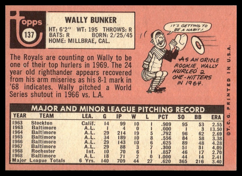 1969 Topps #137 Wally Bunker Kansas City Royals NR-MINT SET BREAK! | eBay