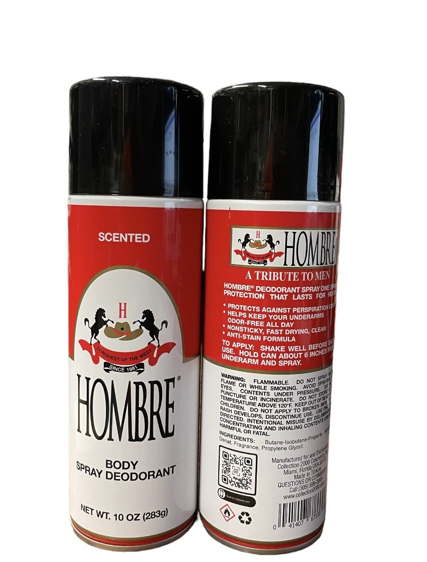 HOMBRE BODY SPRAY DEODORANT ( 2 pack) 10 Oz / 283g Each For Men FREE ...