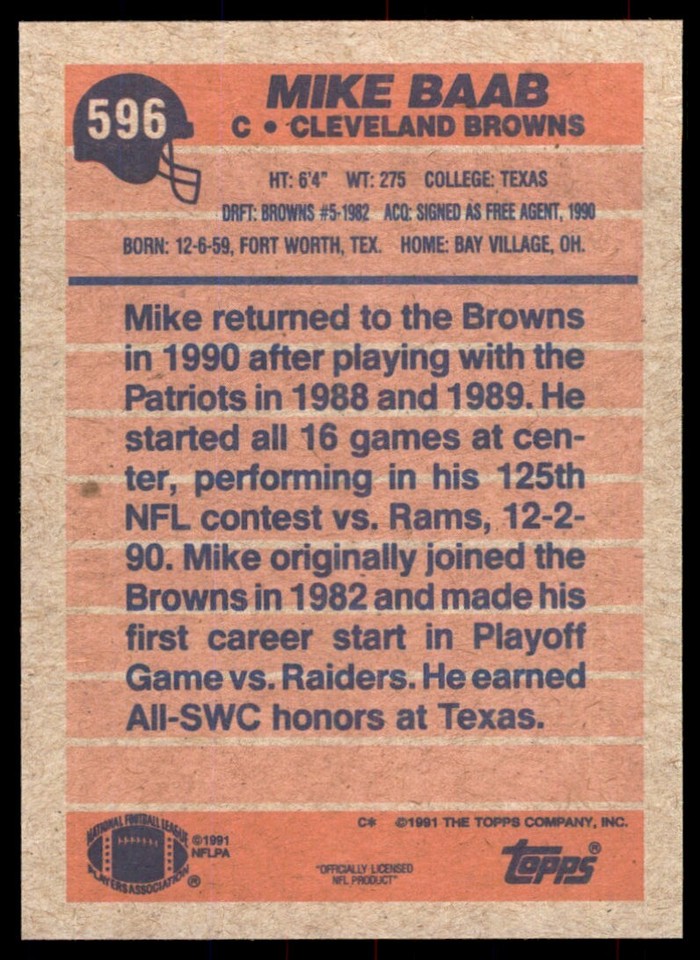 1991 Topps Mike Baab Cleveland Browns #596 | eBay