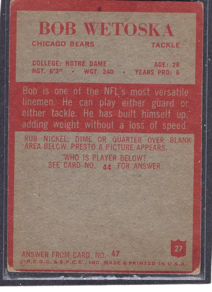 1965 BOB WETOSKA - Philadelphia "ROOKE" Football Card - # 27 - Chicago ...