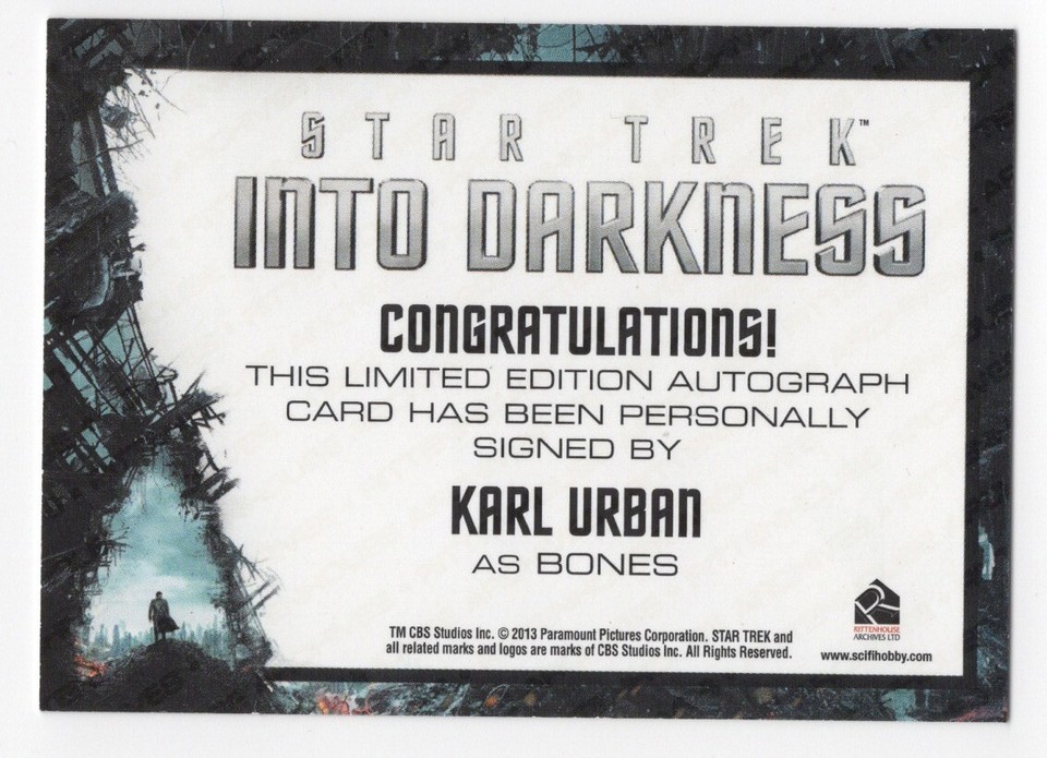 Karl Urban as Bones STAR TREK Beyond Autograph Card Auto Into Darkness ...