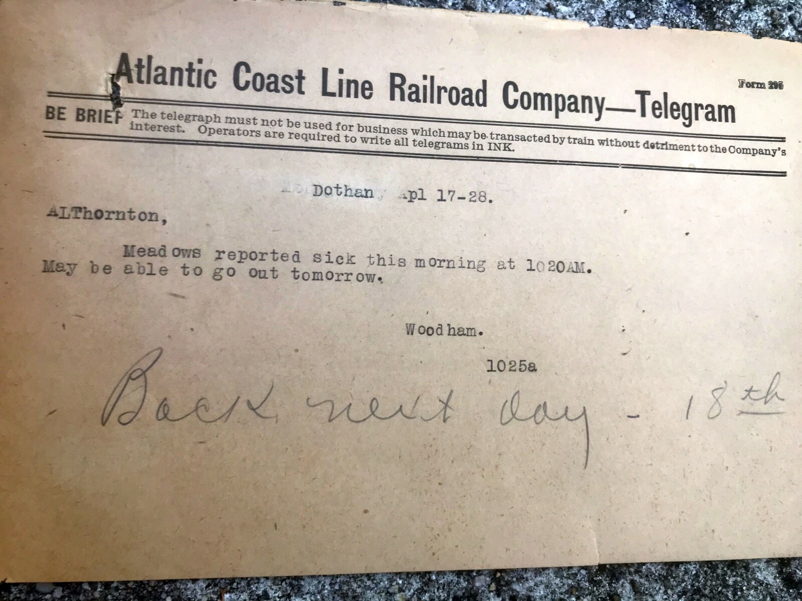 Vtg Antique Atlantic Coast Line Railroad Telegram Used Telegram Report ...