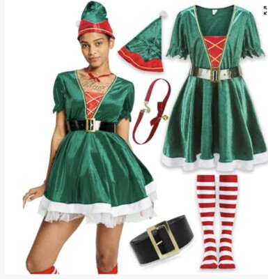 🎅🤶 CHRISTMAS ELF Costume Dress Set * Size LARGE 🤶🎅 Missing Necklace ...