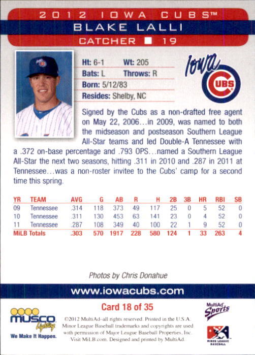 2012 Iowa Cubs Multi-Ad #18 Blake Lalli Shelby North Carolina NC ...